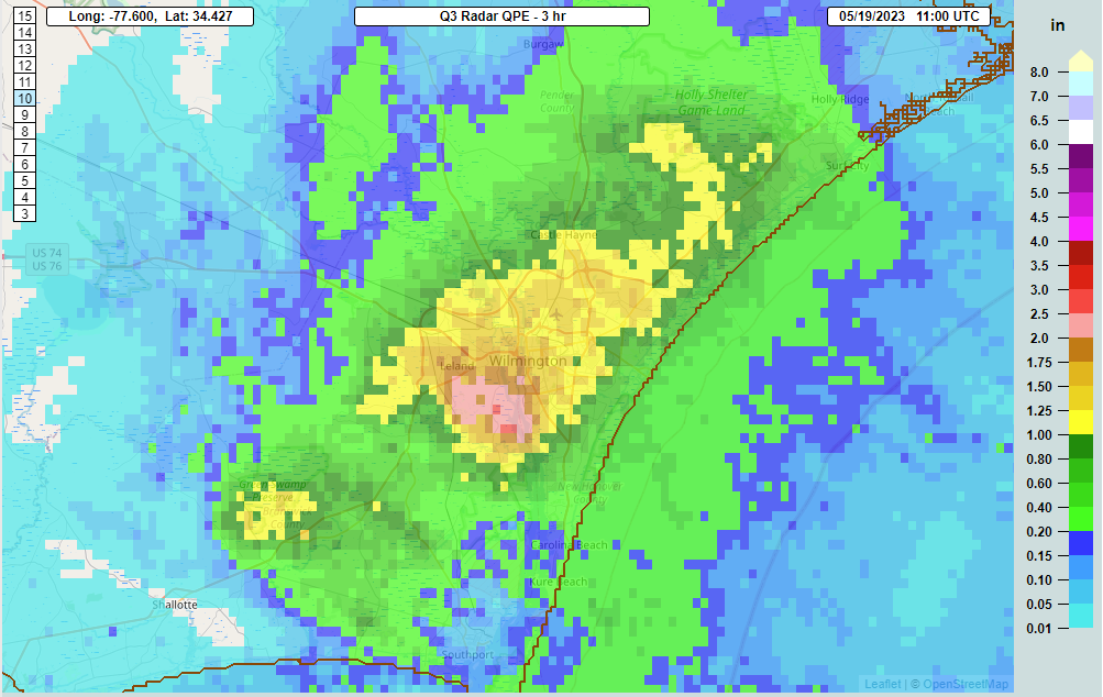 Flash flooding across New Hanover & Brunswick Counties, particularly Leland, on May 19, 2023